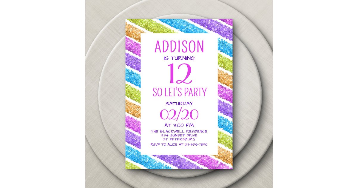 Rainbow Glitter Stripes Birthday Invitation | Zazzle