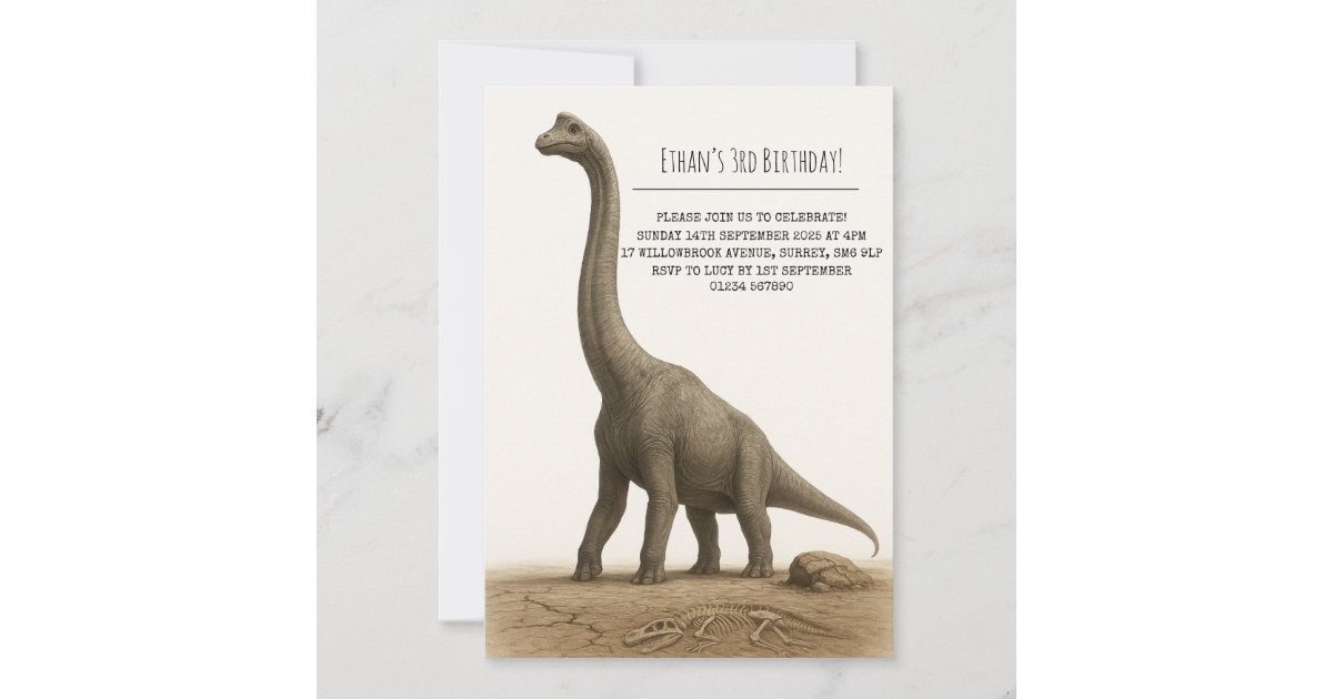 Realistic Sauropod Dinosaur with Fossils Birthday Invitation | Zazzle