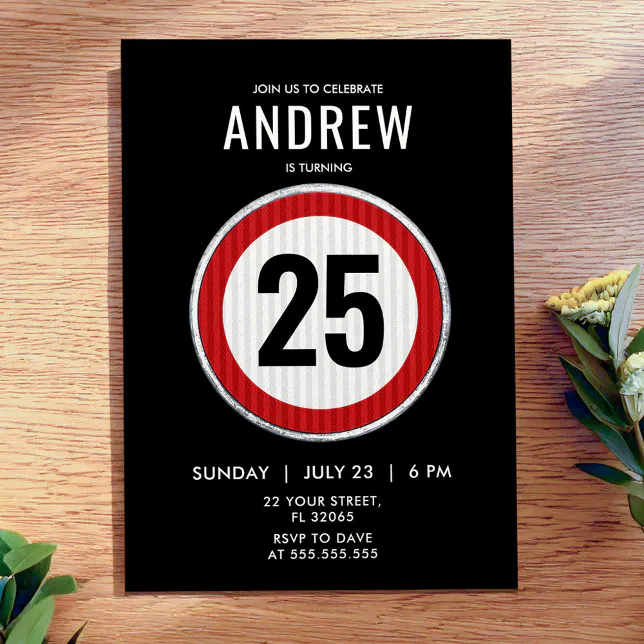 Red circular road sign with custom age birthday invitation | Zazzle