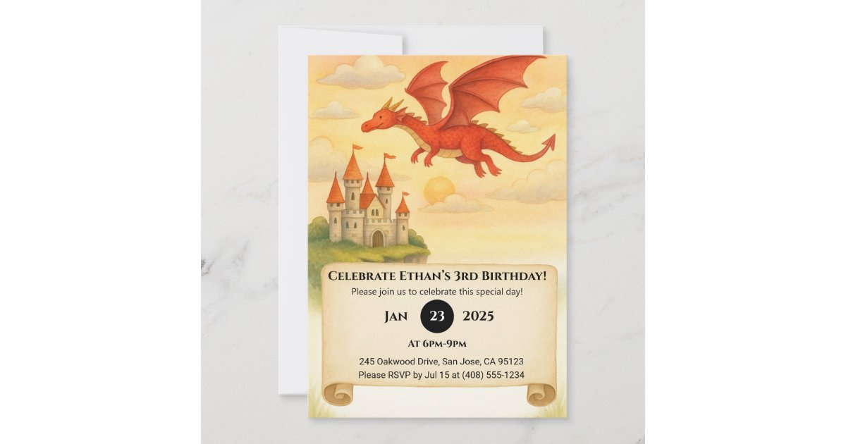 Red Dragon Flying Over Castle Scroll Birthday Invitation | Zazzle