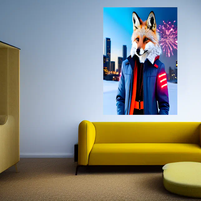 Red Fox with a uniform and firework | AI Art Poster | Zazzle