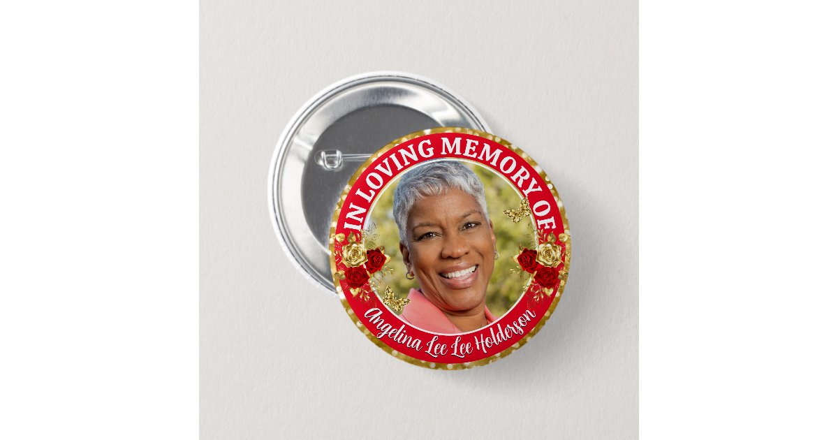 Red & Gold Roses Elegant Memorial Funeral Photo 6 Cm Round Badge | Zazzle