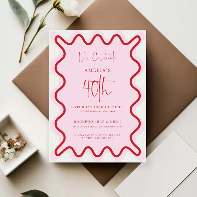 Red Pink Wavy Border 40th Birthday Invitation | Zazzle