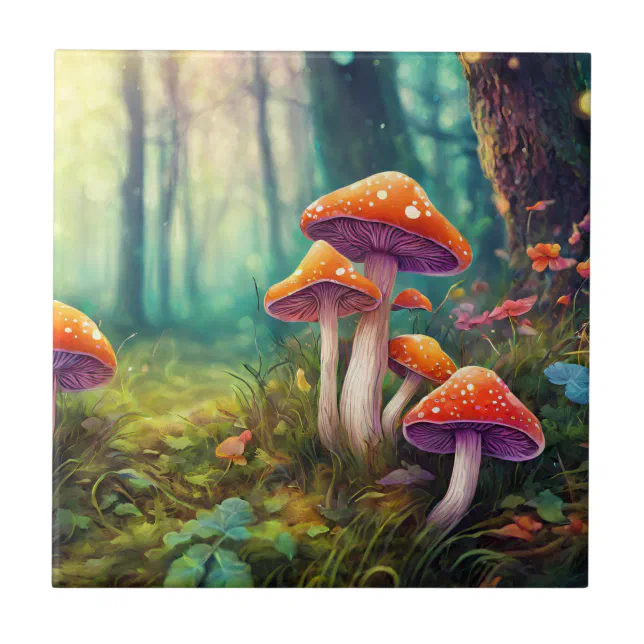 Red Psychedelic Mushrooms in the Forest Ceramic Tile | Zazzle