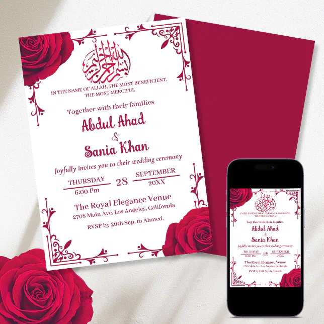 Red Rose Floral Islamic Muslim Wedding Invitation | Zazzle