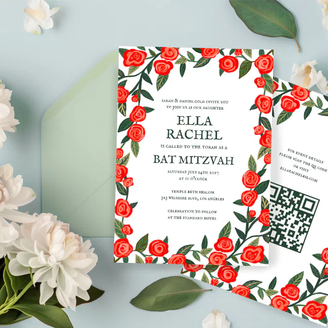 Red Roses Custom Bat Bar Mitzvah QR Code Girl Invitation | Zazzle