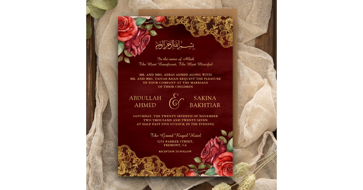 Red Roses Gold Lace QR Code Maroon Muslim Wedding Invitation | Zazzle