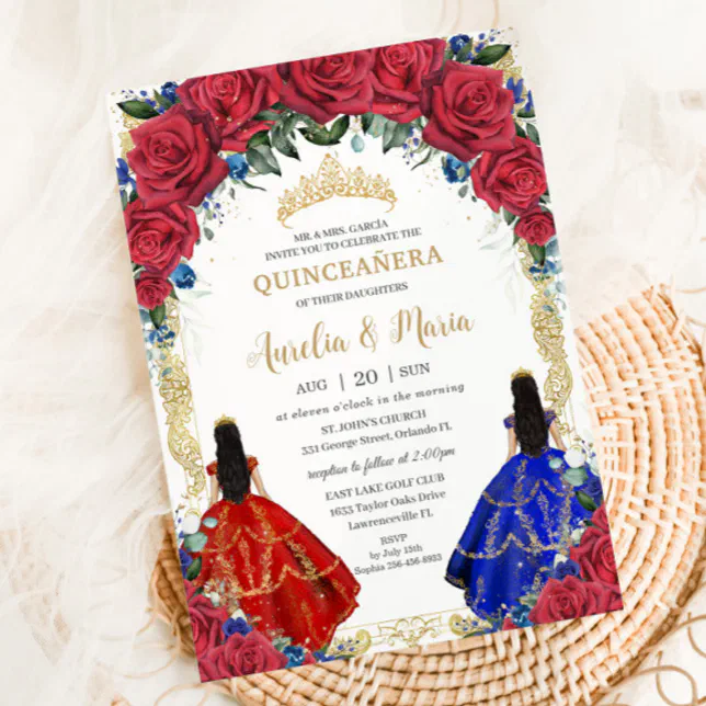 Red Royal Blue Floral Girls Twins Quinceañera XV Invitation | Zazzle