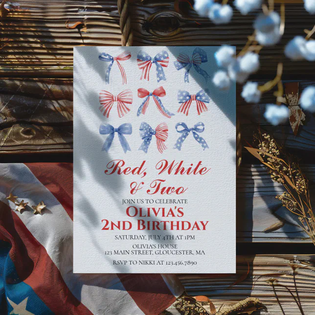 Red, White and Two Bows 4th of July 2nd birthday Invitation | Zazzle