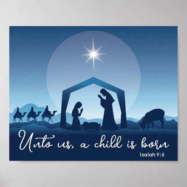 Religious Christmas Nativity Scene Blue Christian Poster | Zazzle