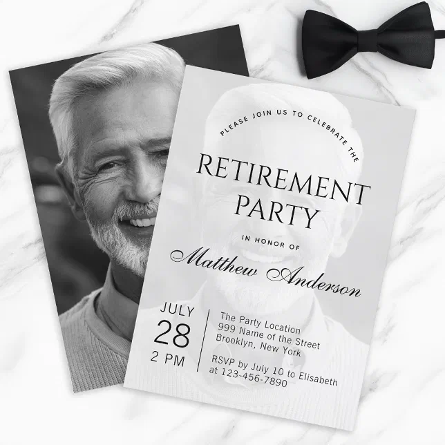 Retirement Party Black and White Transparent Photo Invitation | Zazzle