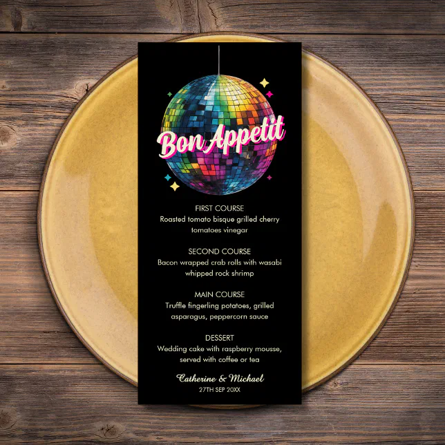 Retro 70's Party Disco Ball Sparkle Glam Wedding Menu | Zazzle