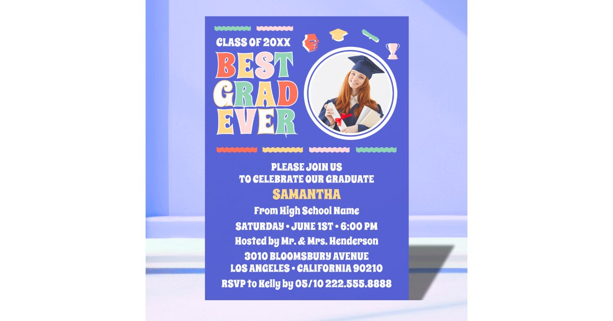 Retro Best Grad Ever Photo Blue Graduation Party Invitation | Zazzle