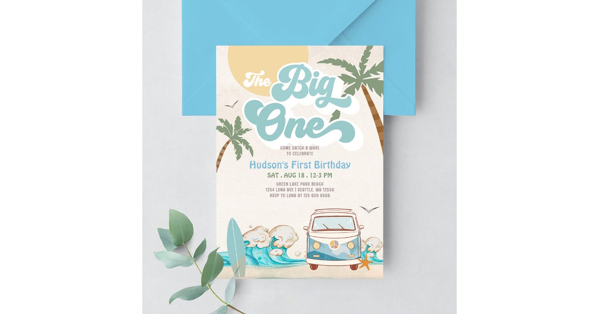 Retro Boy The Big One Surfing 1st Birthday Party Invitation | Zazzle