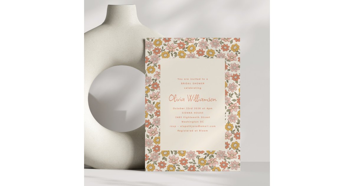 Retro Fall Floral Blush Rust Bridal Shower Earthy Invitation | Zazzle