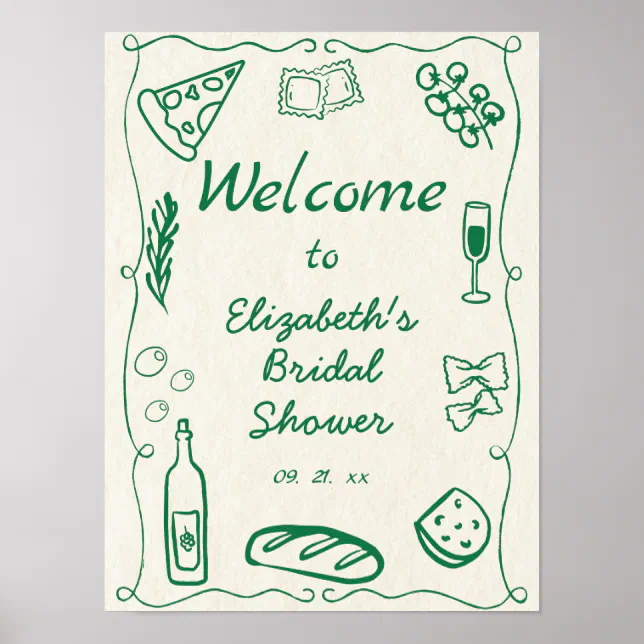 Retro Hand Drawn Doodle Italian Food Green Welcome Poster | Zazzle