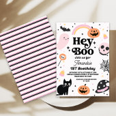 Retro Pink Black Halloween Hey Boo 1st Birthday Invitation | Zazzle
