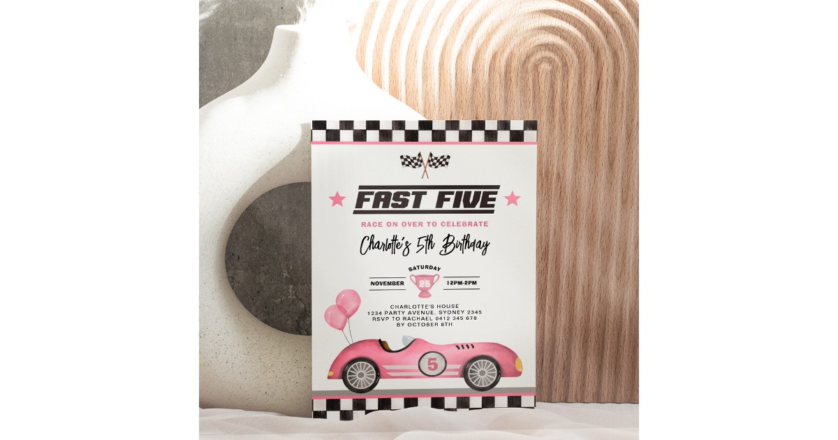 Retro Pink Fast Five Race Car Girl 5th Birthday Invitation | Zazzle