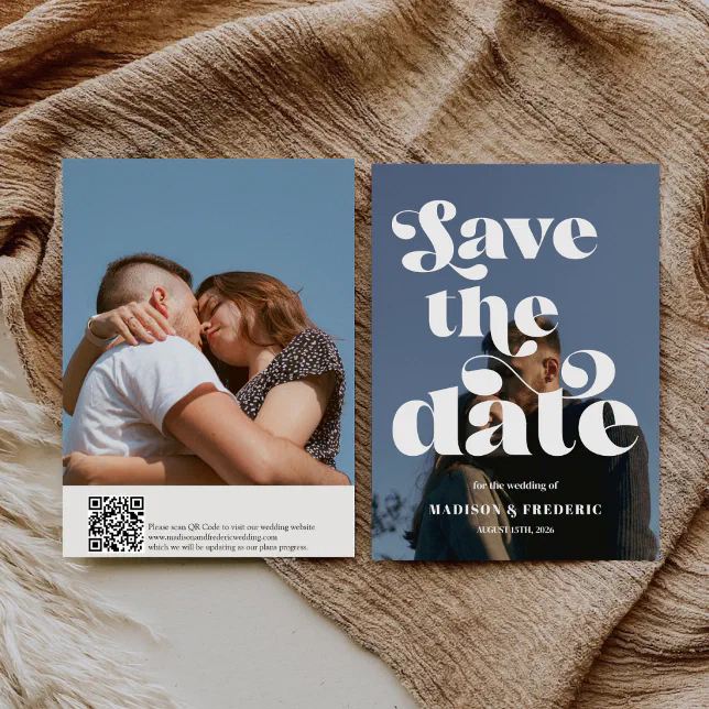 Retro Script Wedding QR Code Save The Date | Zazzle