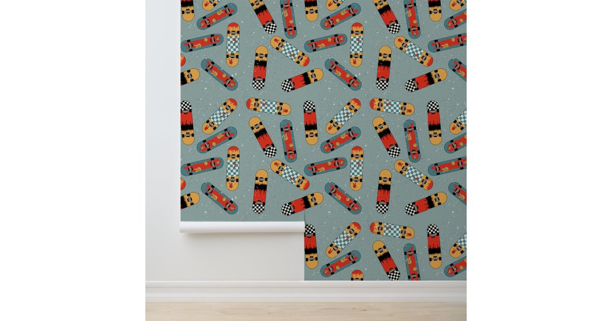 Retro Skateboard Blue Cool Pattern Kids Wallpaper | Zazzle