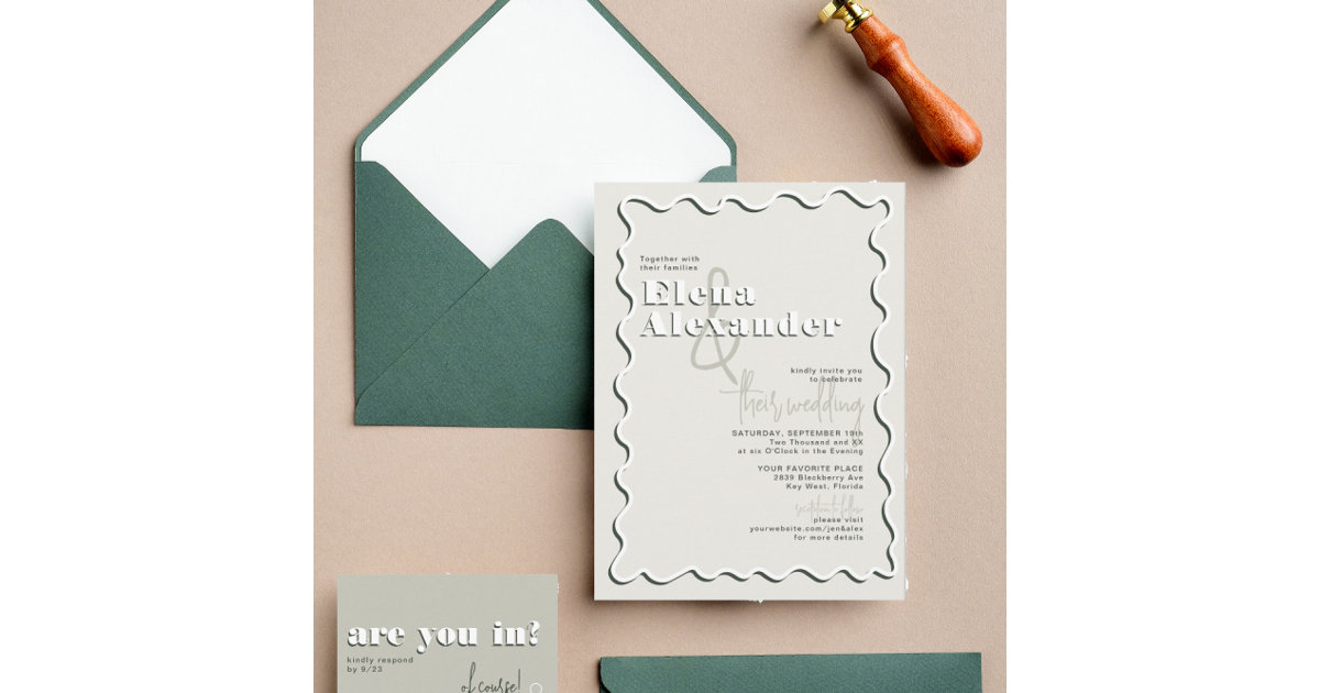 Retro Squiggly Wavy Green Taupe Wedding Invitation | Zazzle