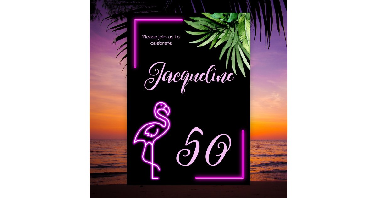 Retro tropical neon pink flamingo 50th birthday invitation | Zazzle