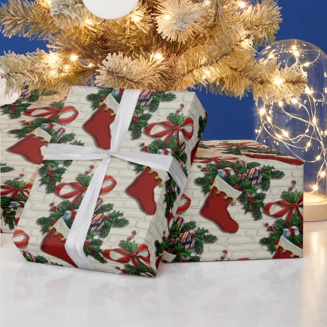 Retro Vintage Christmas: Red Stockings On Brick Wrapping Paper | Zazzle