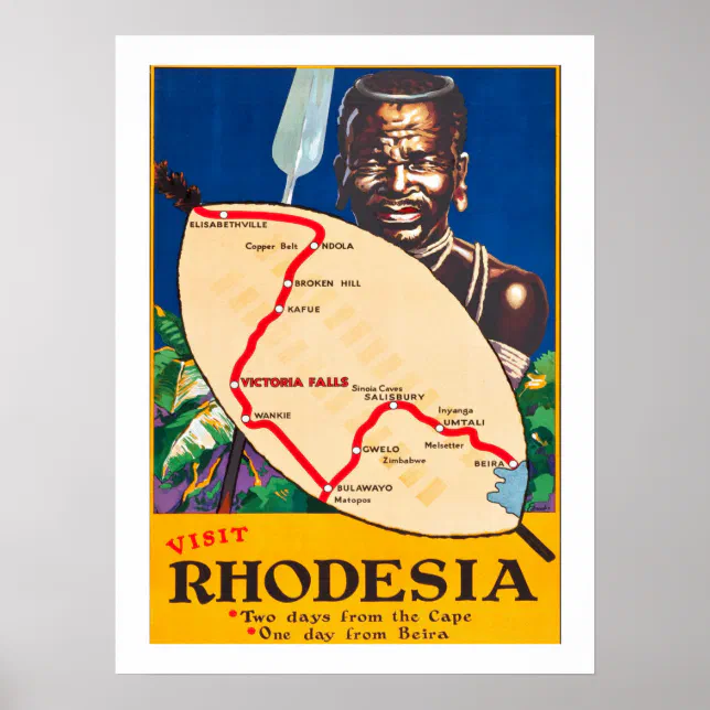 Rhodesia, traditional warrior with map on shield poster | Zazzle