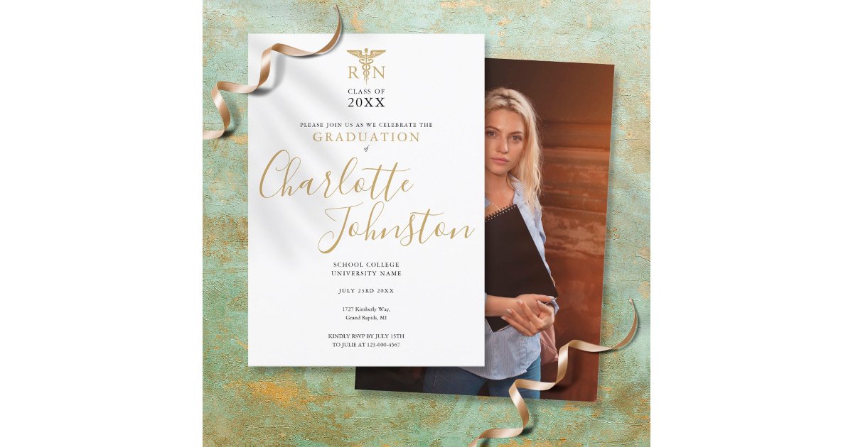 RN Nursing Gold Script Photo Graduation Party Invitation | Zazzle