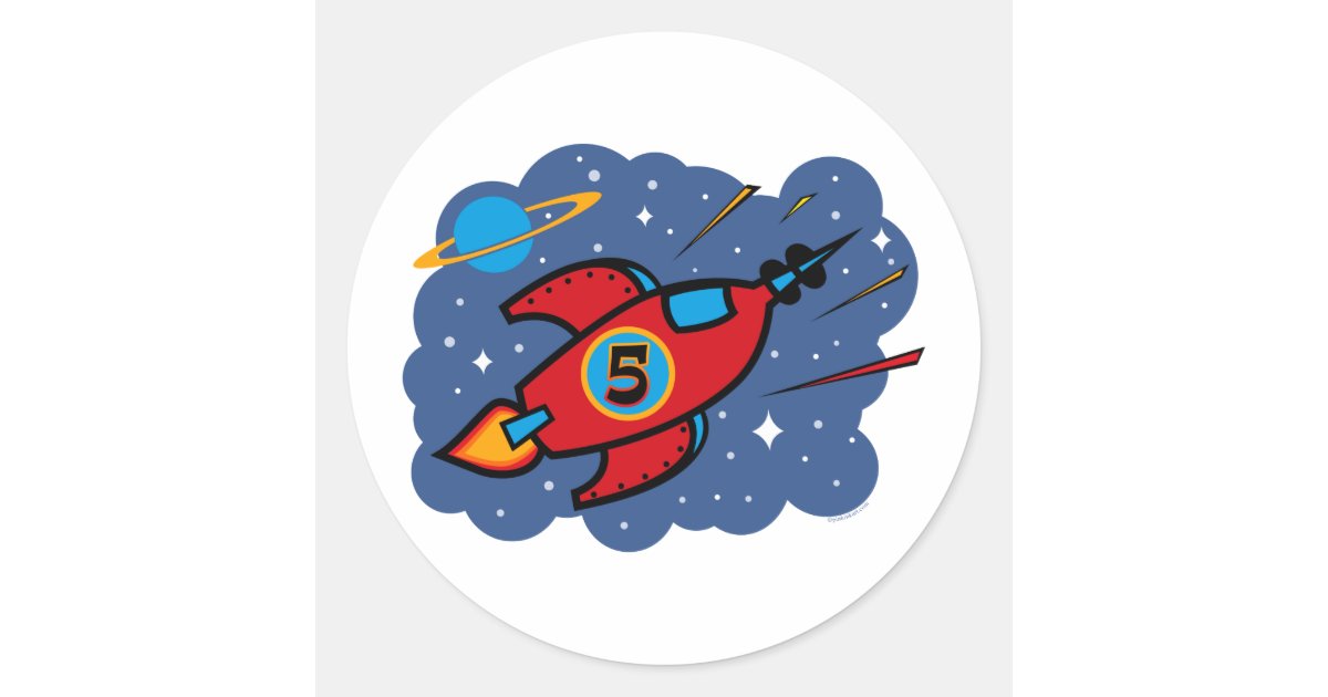 Rocket Ship 5th Birthday Classic Round Sticker | Zazzle