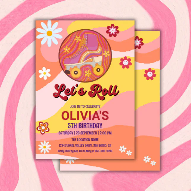 Roller Skate Groovy Retro Girl Birthday Party Invitation | Zazzle