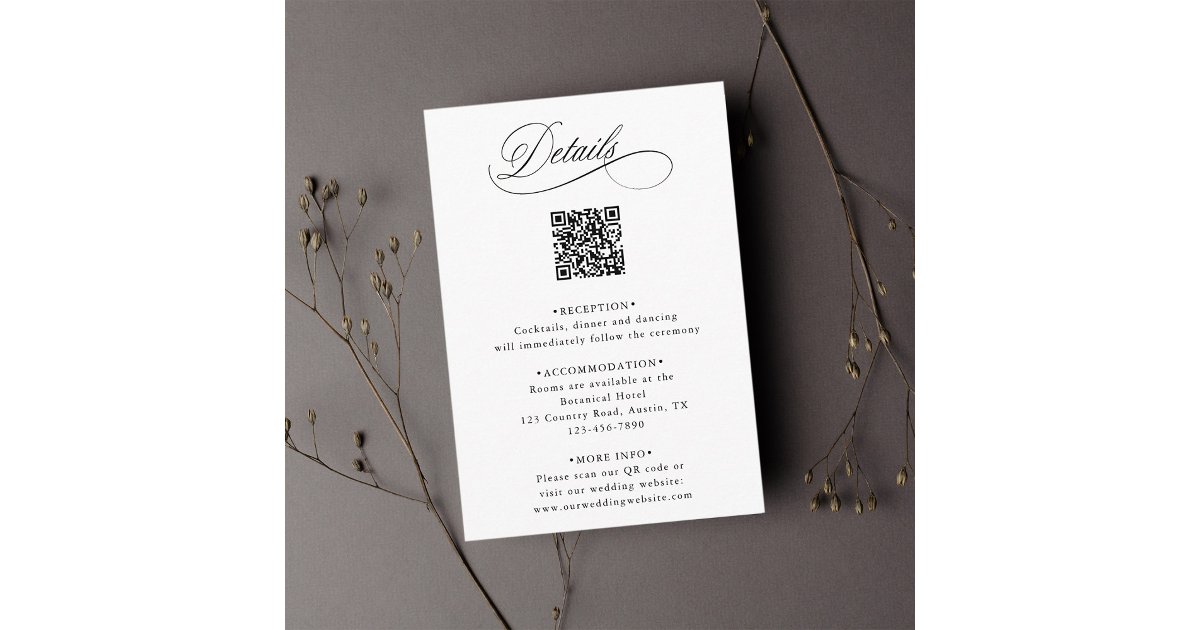 Romantic Calligraphy QR Code Wedding Details Enclosure Card | Zazzle