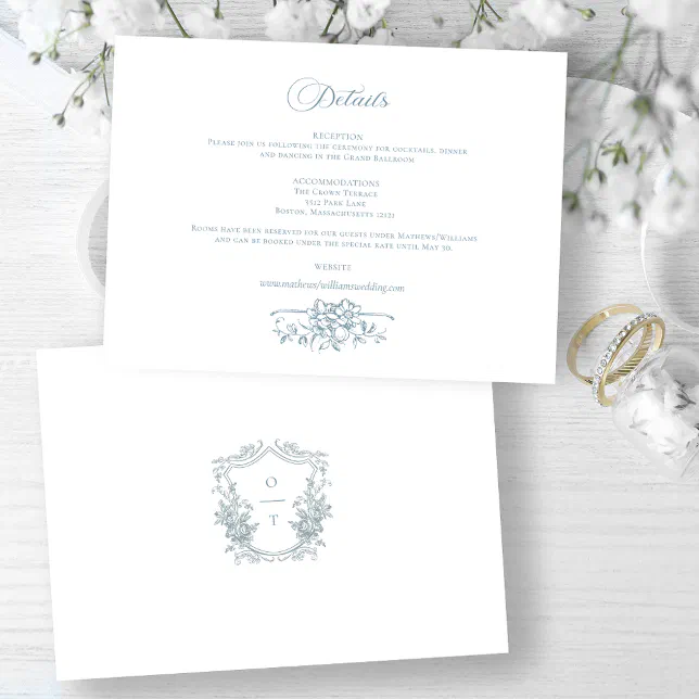 Romantic Dusty Blue Line Art Floral Wedding Enclosure Card | Zazzle