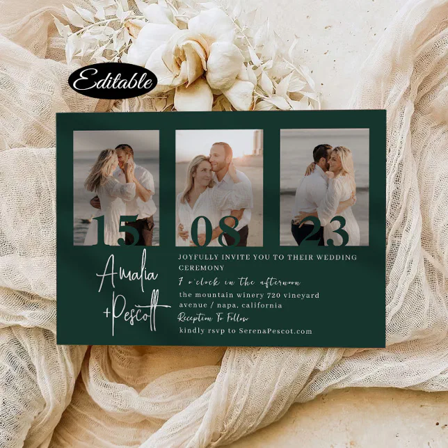 Romantic Green Photo Collage Wedding Invitation | Zazzle