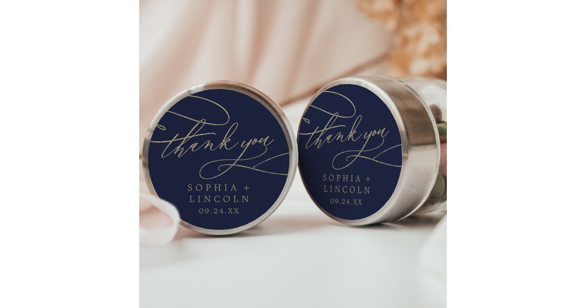 Romantic Navy Calligraphy Thank You Favour Sticker | Zazzle