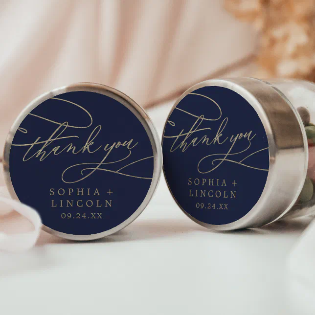 Romantic Navy Calligraphy Thank You Favour Sticker | Zazzle