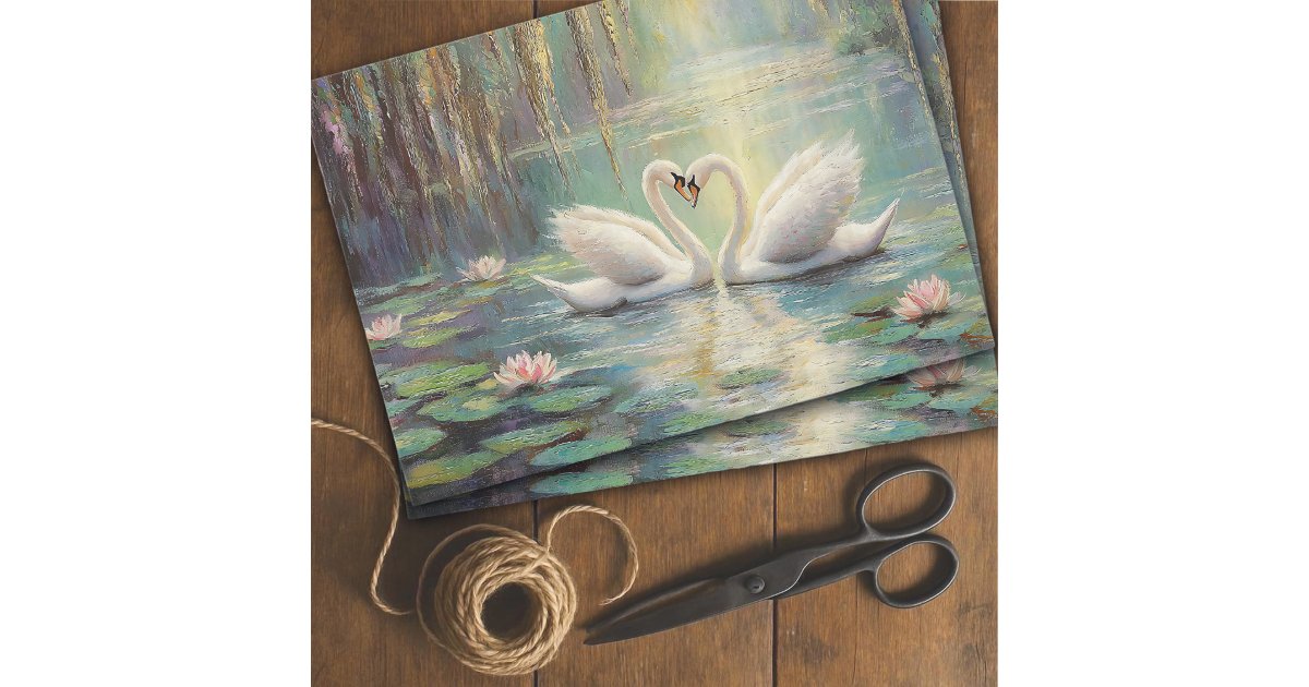 Romantic Swan Couple in Lily Pond Decoupage Tissue Paper | Zazzle