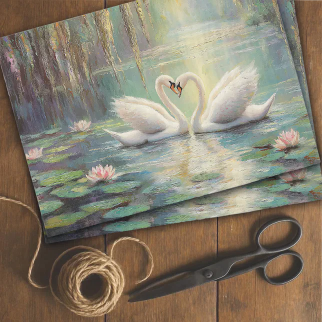 Romantic Swan Couple in Lily Pond Decoupage Tissue Paper | Zazzle