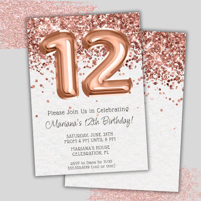 Rose Gold 12th Birthday Party Invitation | Zazzle
