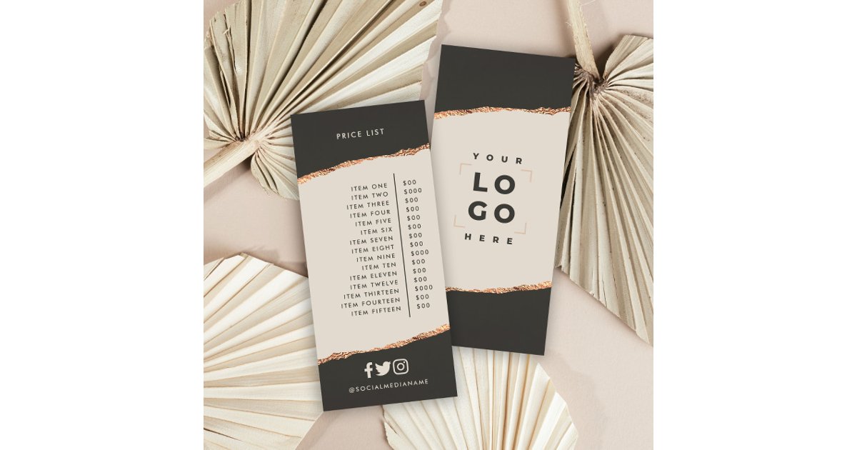 Rose gold black elegant modern girly price list rack card | Zazzle