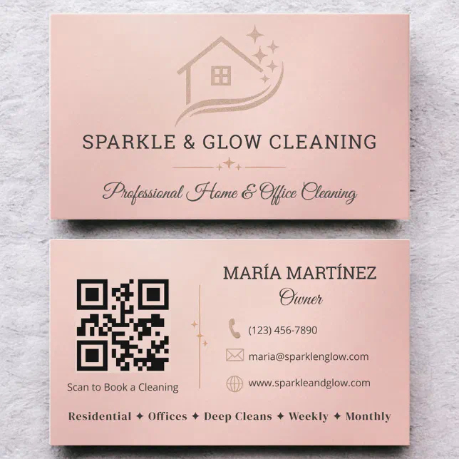Rose Gold Cleaning Service House QR Code Sparkle Business Card | Zazzle