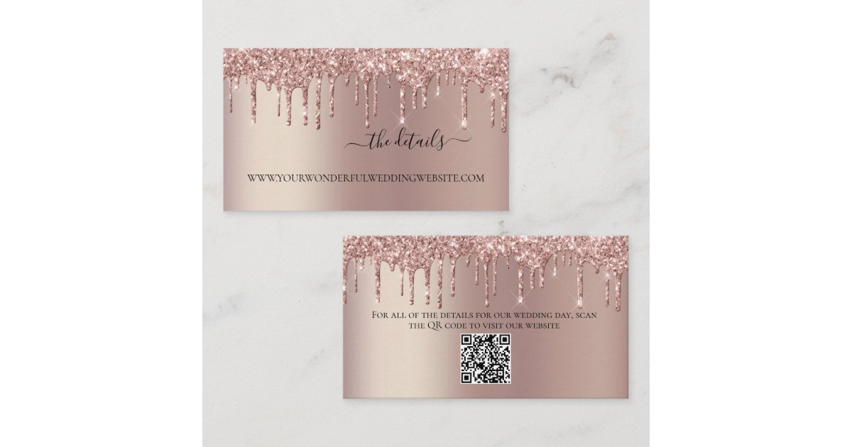 Rose Gold Dripping Glitter Wedding Details QR code Enclosure Card | Zazzle