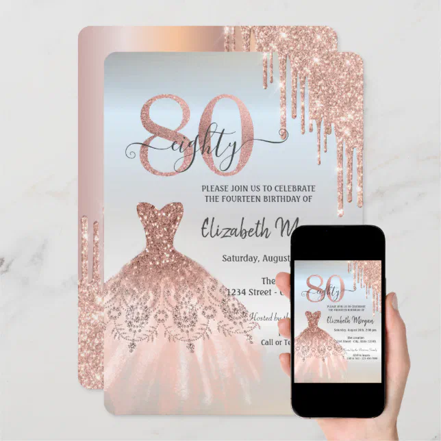 Rose Gold Drips Dress Silver 80th Birthday Invitation Zazzle