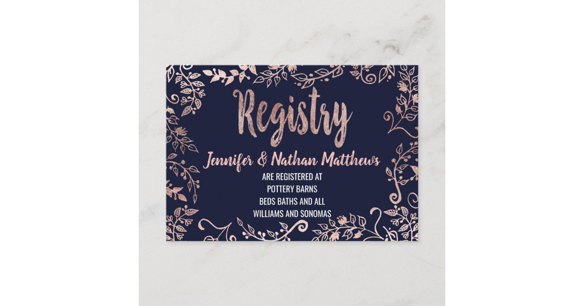 Rose Gold Floral Navy Blue Brush Script Registry Enclosure Card | Zazzle