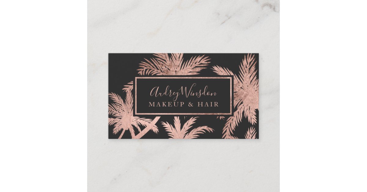 Rose gold foil gray palm tree Makeup Hair script Business Card | Zazzle