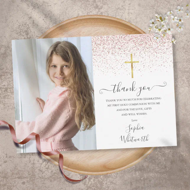 Rose Gold Glitter Photo First Holy Communion Thank You Card | Zazzle