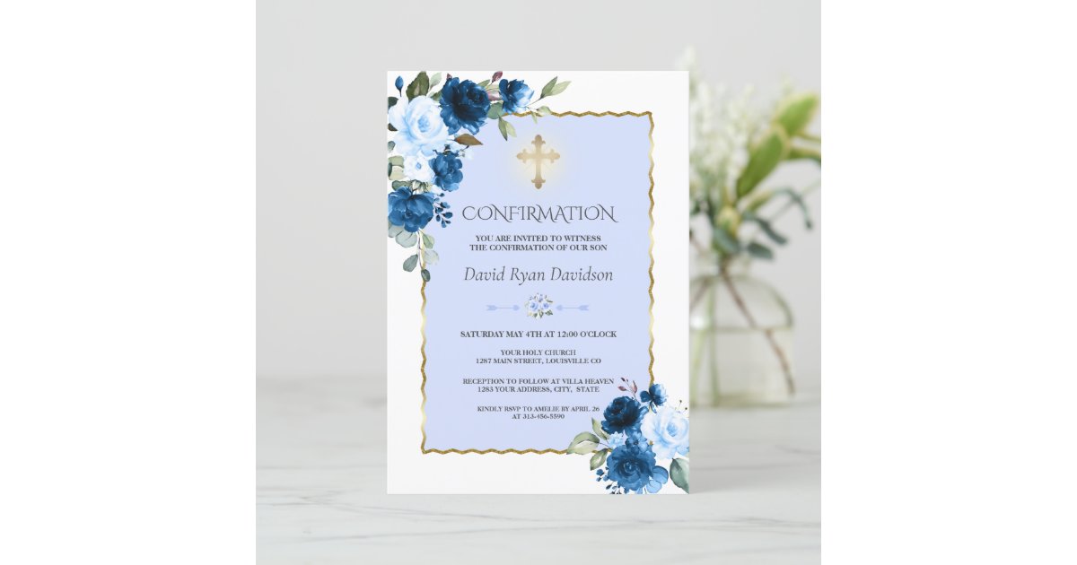 Royal Blue Floral Gold Cross Boy Confirmation Invitation | Zazzle