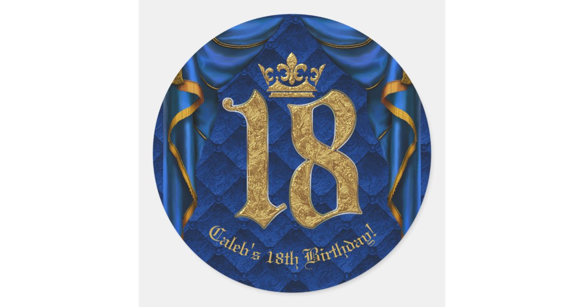 Royal Blue & Gold Crown 18 18th Birthday Party Classic Round Sticker ...