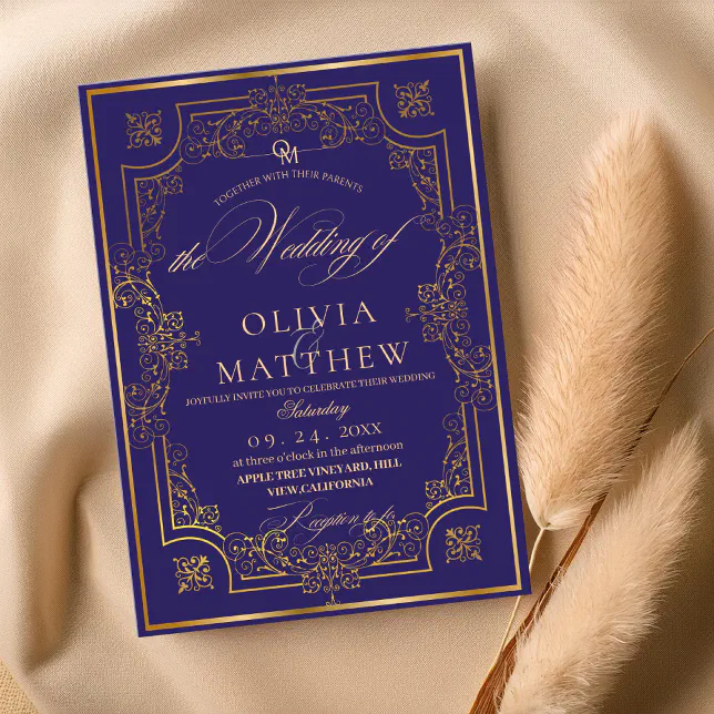 Royal Blue Gold Script Wedding Invitation | Zazzle