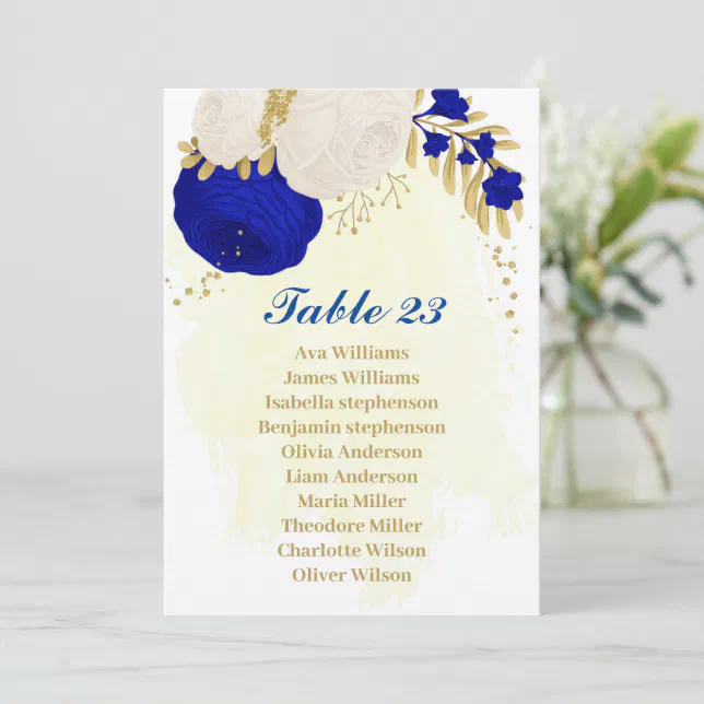 royal blue & white flowers gold seating chart card | Zazzle